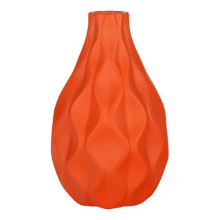 Ceramic Round Bellied Vase with Embossed Wave Design, Set of 2, Orange ...
