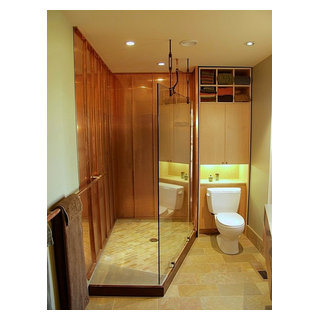 Unique, 1/4" Corten shower curb; Standing seam copper shower walls ...