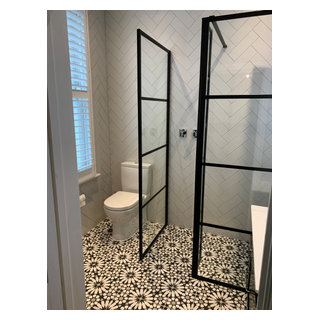Shower Room With Pattern Tiles And Hinged Crittall Shower Screen ...
