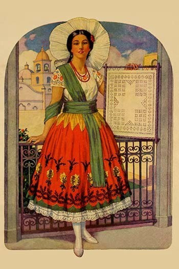 Hispanic Holds Up a Lace Design on a Frame, 12" x 18" - Traditional ...
