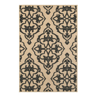 5' x 8' Beige and Black Medallion Stain Resistant Indoor Outdoor Area ...