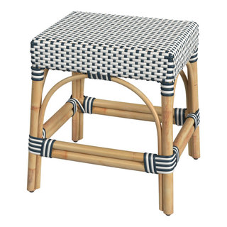 Robias Rattan Rectangular 18" Dining Stool, White and Navy Stripe ...