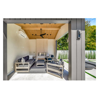 Covered Outdoor Lounge with Wood Slat Ceiling & Pool View ...