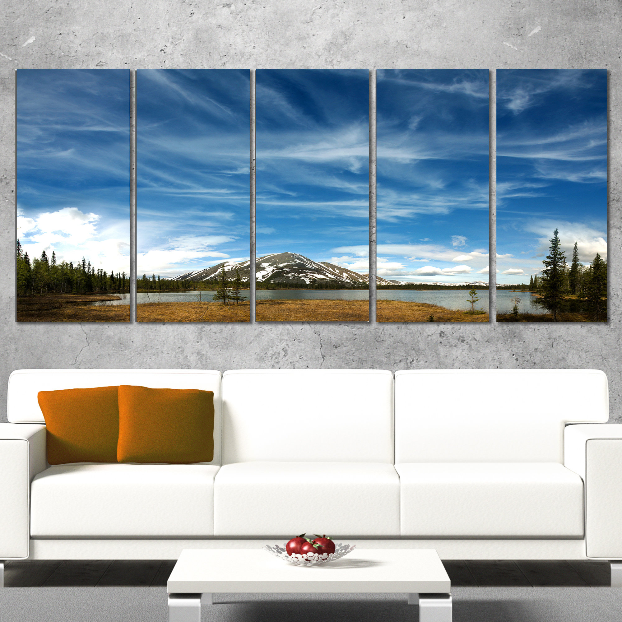 "Mountain and Lake Under Blue Sky" Wall Art, 60"x28" 5 Panels ...