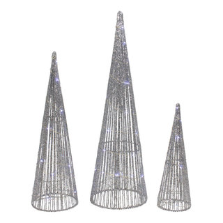 Set of 3 LED Lighted Silver Glitter Cone Tree Outdoor Decorations 23.5 ...