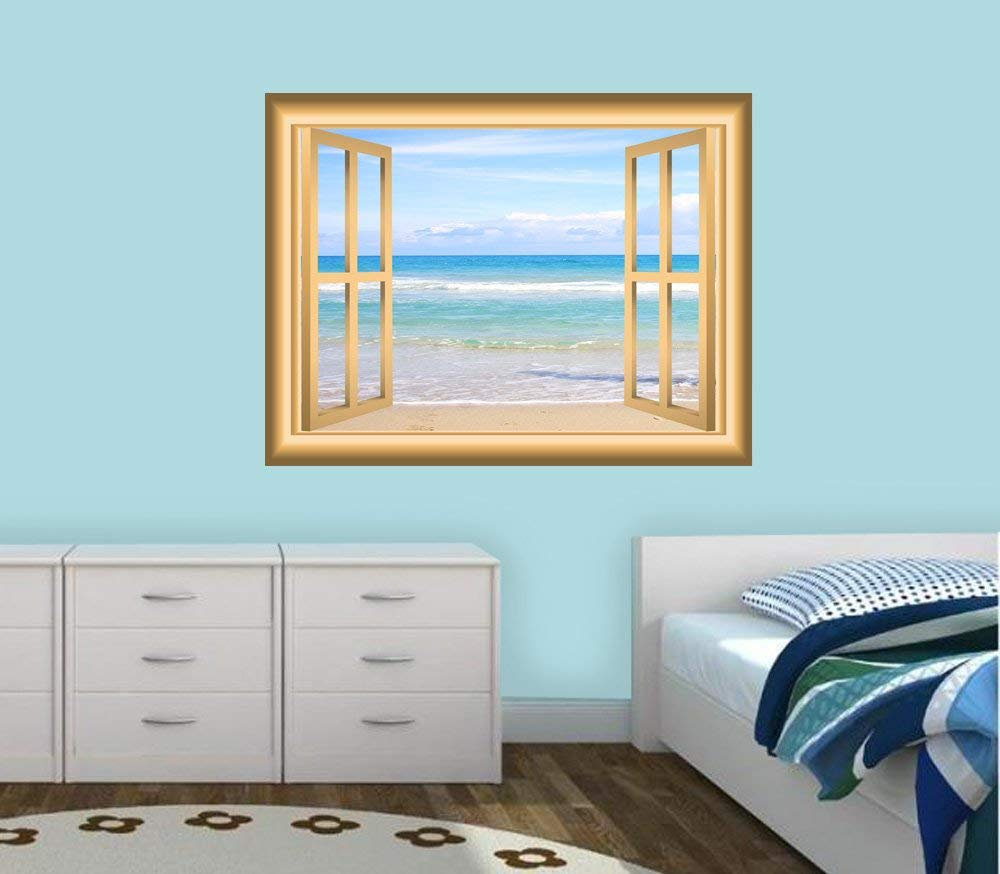 VWAQ Beach Scene Window Decal Ocean View Bedroom Wall Sticker, 24"h X ...