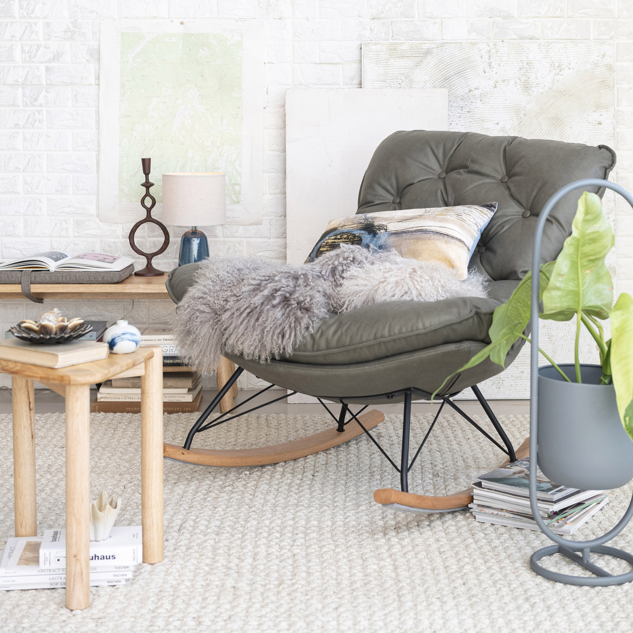 Fabric Upholstered Metal Rocking Chair With Wood Feet, Olive Green ...