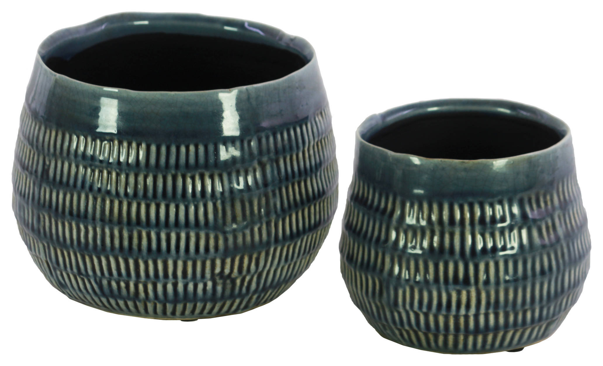 Ceramic Tall Bellied Round Vases, Embossed Rectangle, 2-Piece Set, Blue ...