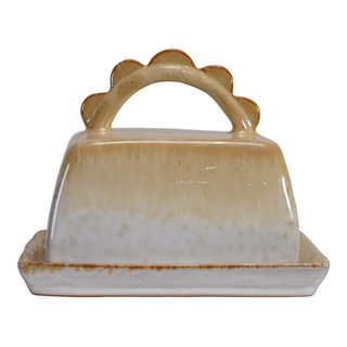 Stoneware Butter Dish With Scalloped Handle With Reactive Glaze ...