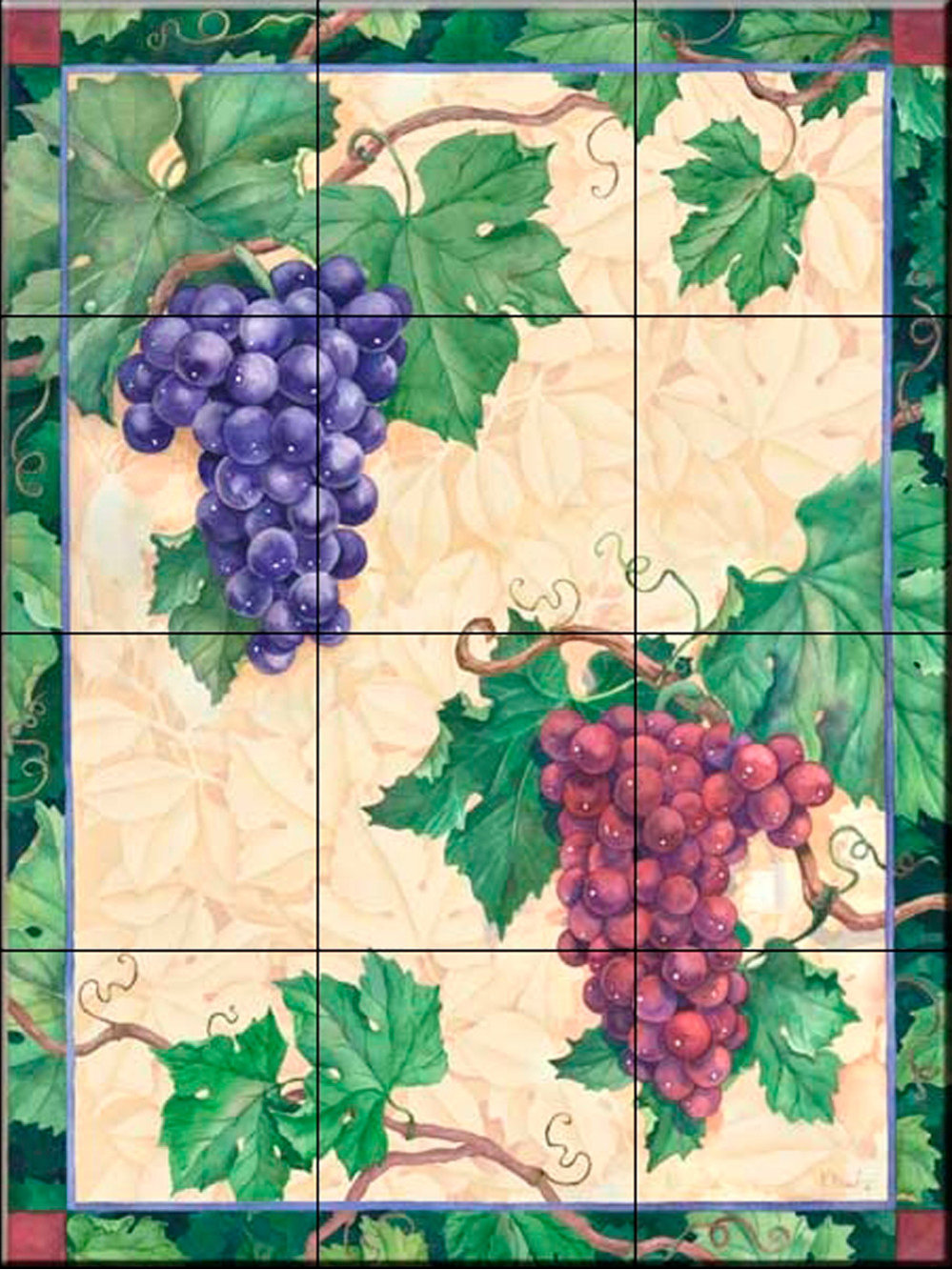 Tile Mural, Grapes-Mix by Paul Brent, 18" x 24" (12 Tiles) - Farmhouse ...
