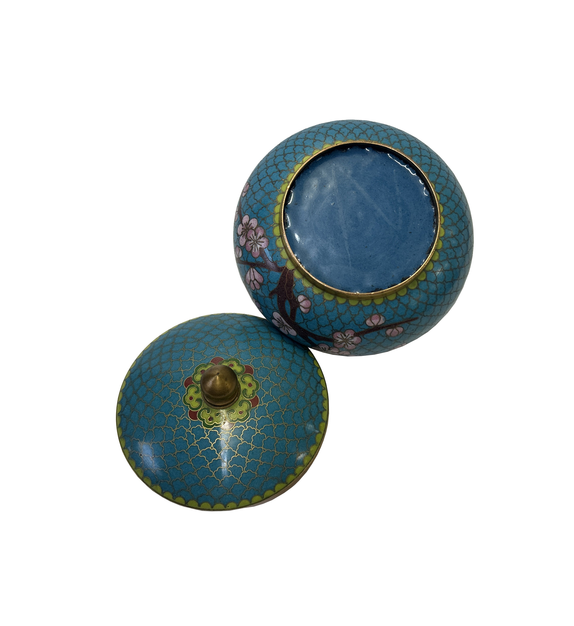 Chinese Teal Turquoise Metal Cloisonné Blossom Flower Theme Round Box ...