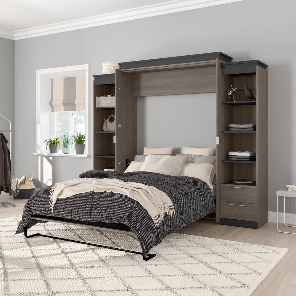 Orion 104W Queen Murphy Bed And 2 Narrow Shelving Units With Drawers ...