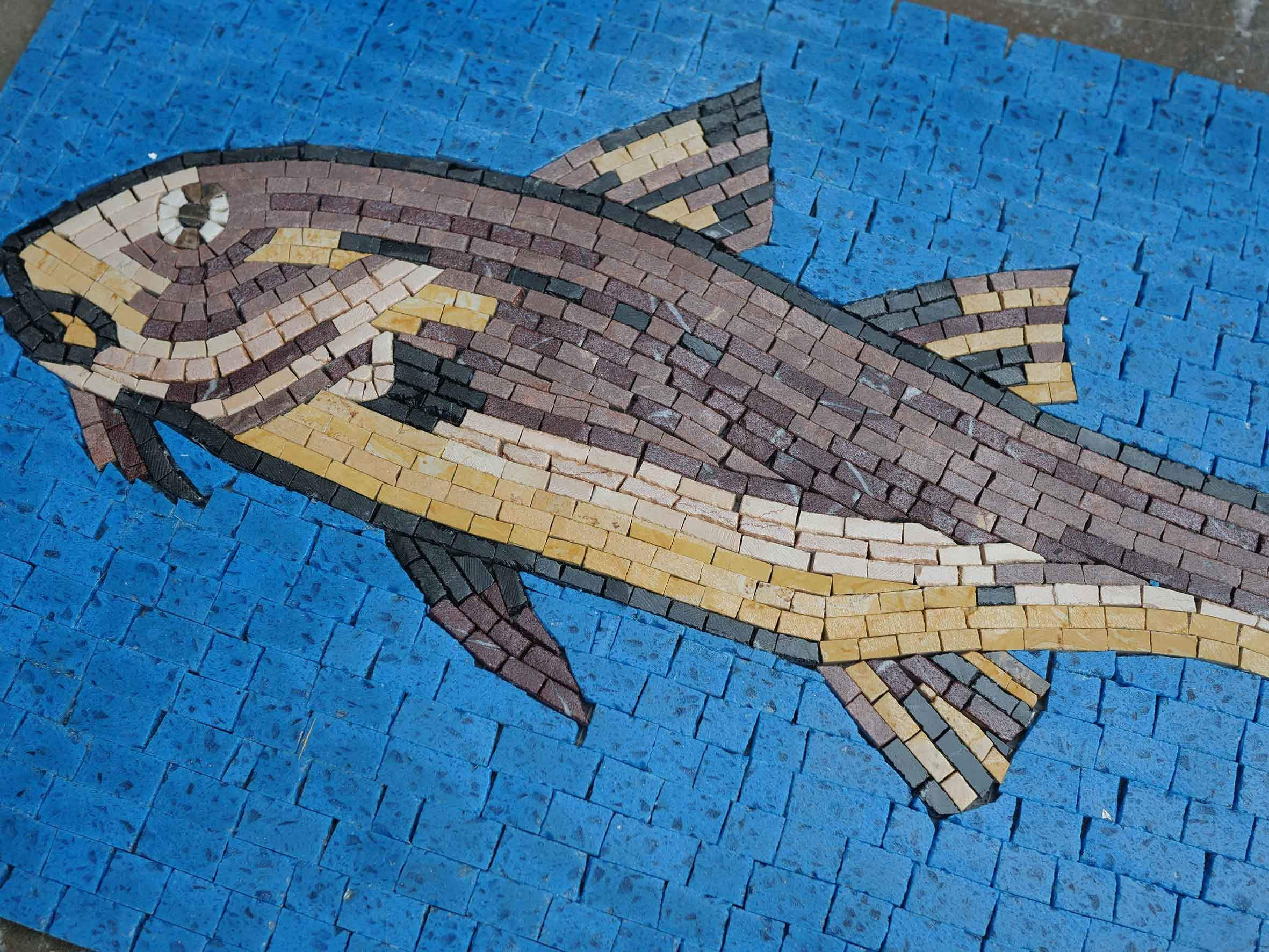 Brown Fish In Blue - Fish Mosaic Art, 20" x 12" - Beach Style - Tile ...