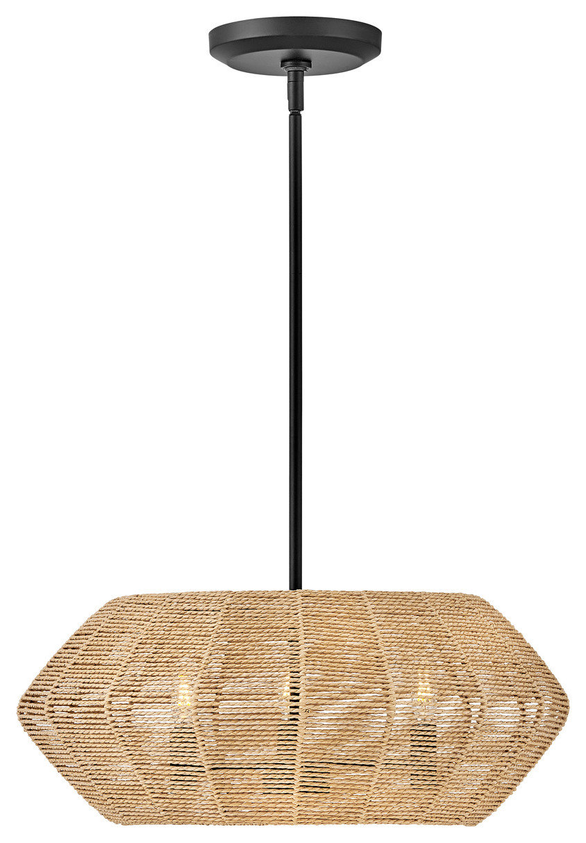 Luca 3-Light Pendant in Black with Camel Rattan shade - Tropical ...