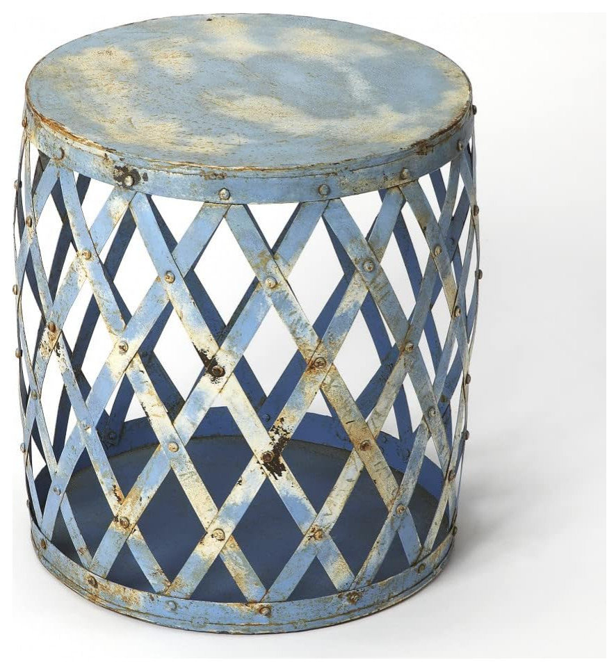 Rustic End Table, Drum Shaped Design With Lattice Pattern Metal ...