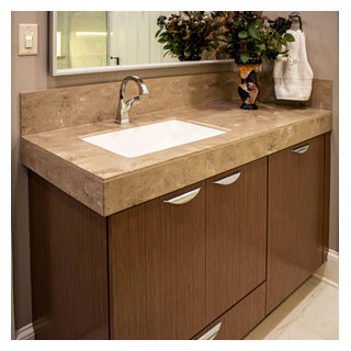 Spa Bath with Tile Steam Shower, Walnut Cabinetry and Solid Surface ...