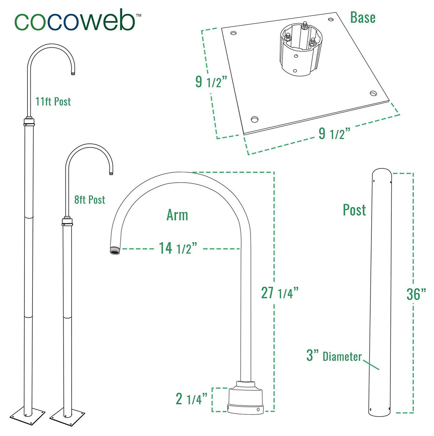 Cocoweb 14" Blackspot LED Post Light in Jade With Black 8' Tall Post, 8 ...