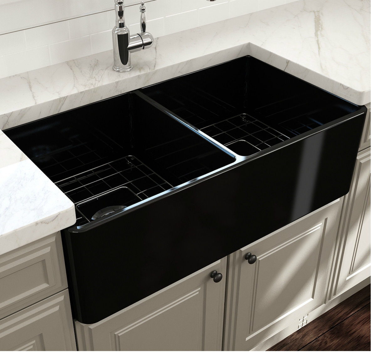 Bocchi Classico 33D Black Fireclay Farmhouse Sink Double Bowl With Grid ...