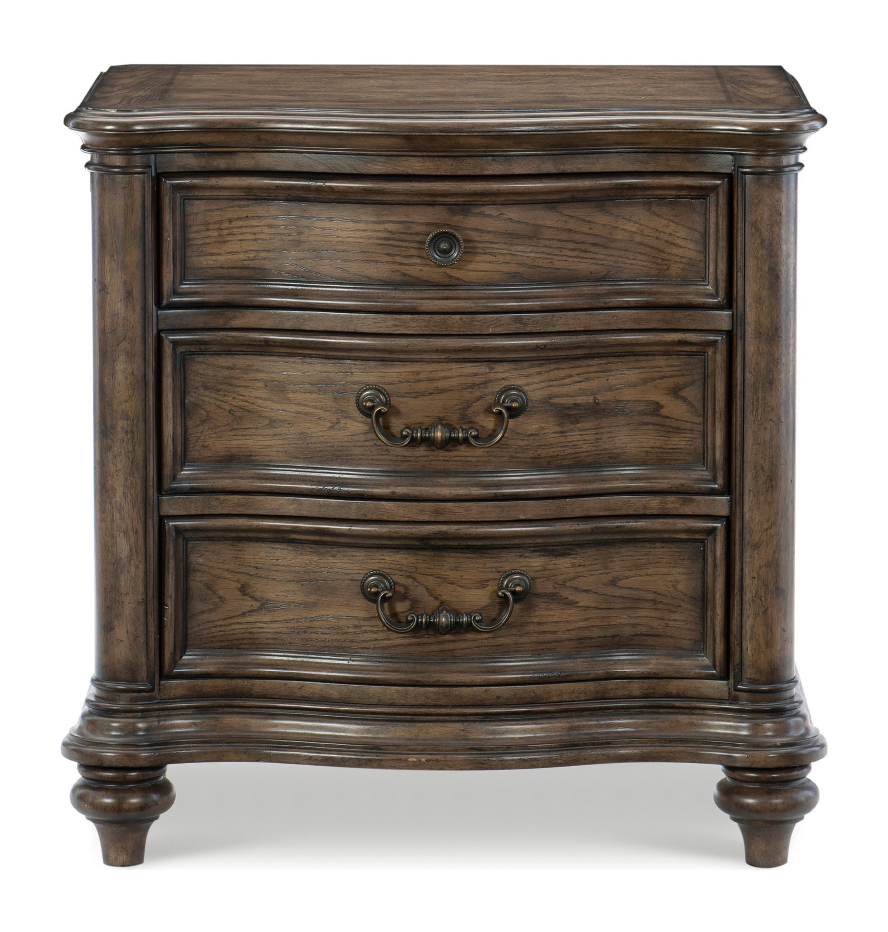 Deborah 30 Inch Nightstand, 3 Drawers, Bronze Drop Handles, Brown Wood ...