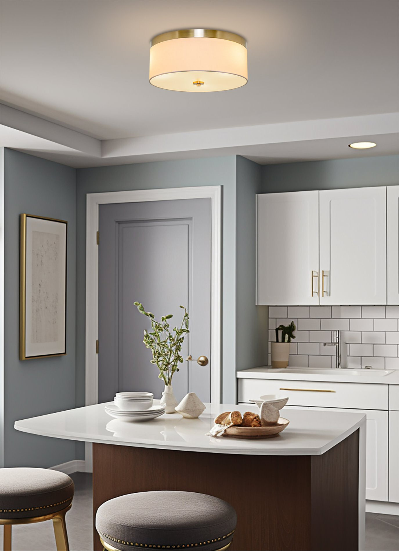 Kira Home Walker 15" Flush Mount Ceiling Light, White Fabric Shade ...