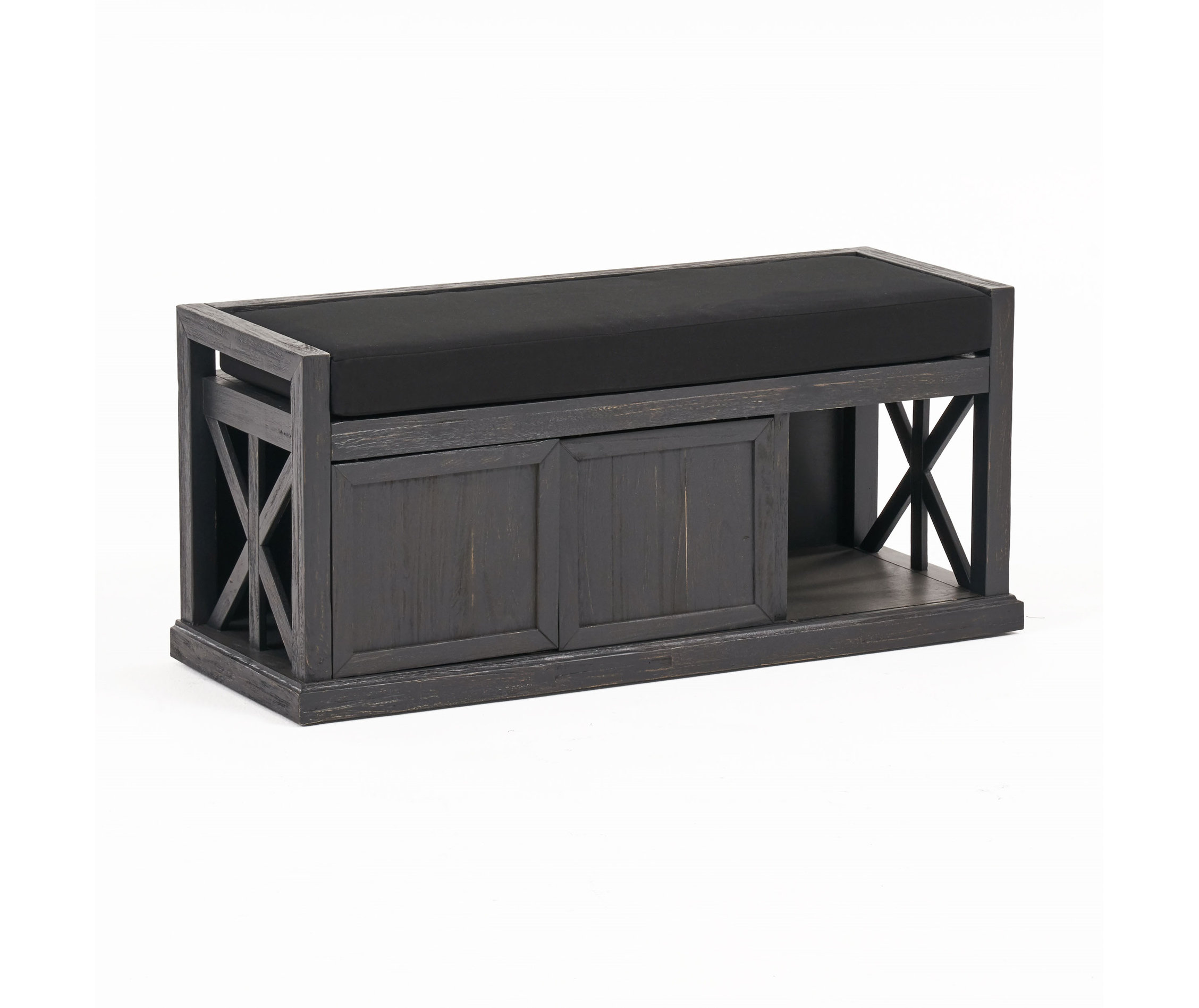 Modern Acacia Wood Storage Bench with Dark Gray Cushion and Black ...