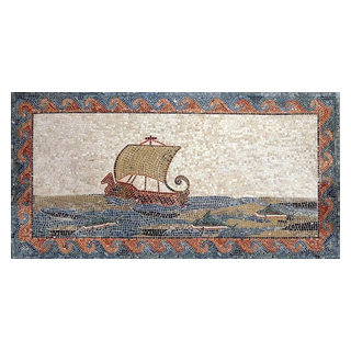 Ancient Sailing Boat Mosaic, 94" x 47" - Beach Style - Tile Murals - by ...