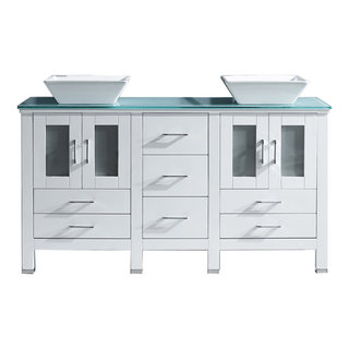 Bradford 60" Double Bath Vanity, White, Aqua Tempered Glass Top, Square ...
