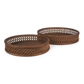 Thala Medium Brown Round Wicker Tray, Set of 2, 20.5Lx20.5Wx4.3H ...