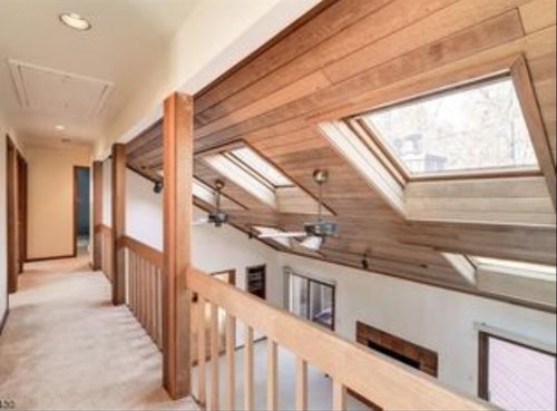 Update 80s style living room- wood ceilings
