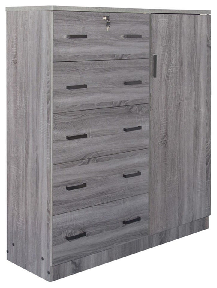 Pemberly Row 5 Drawer Wooden Tall Chest Wardrobe in Gray Finish ...