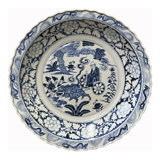 Chinese Blue and White Porcelain Oriental Scenery Display Charger Plate ...