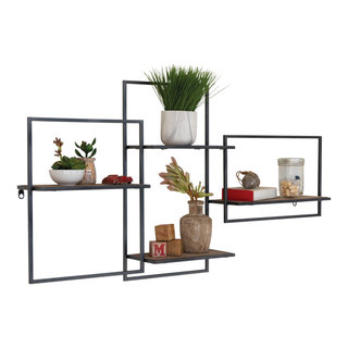 Geometric Multi Level Four Wood Wall Shelves Minimalist Open Metal ...