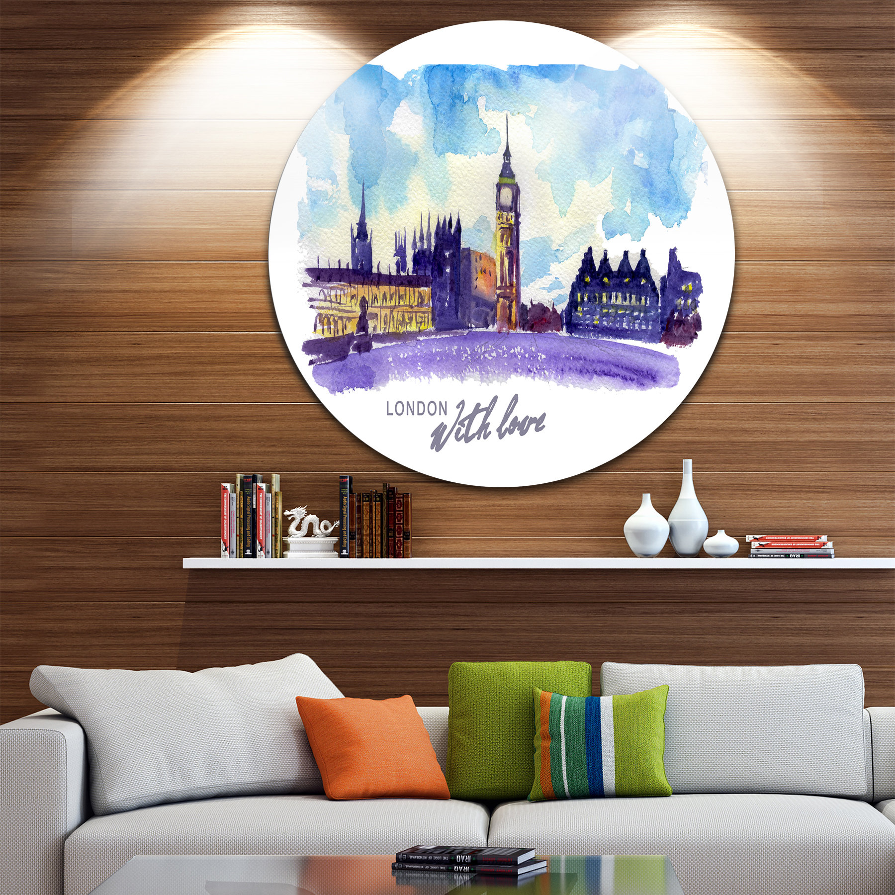 London Purple Illustration, Cityscape Painting Round Wall Art, Disc of ...