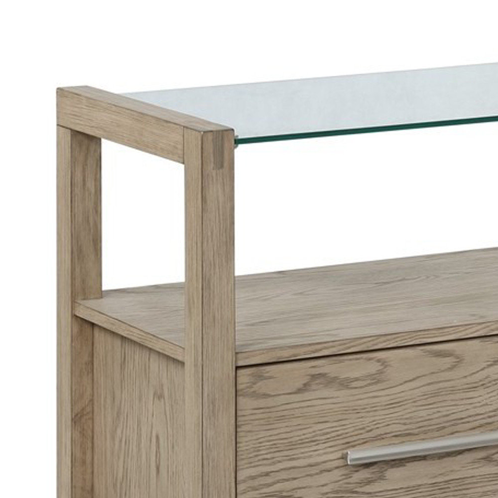 1 Drawer Glass Top Nightstand with Wood Grain Details and Sled Base ...