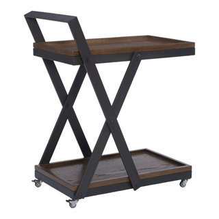 Linon Carley Dark Rustic Wood 2 Level Rolling Bar Cart with Metal Frame ...