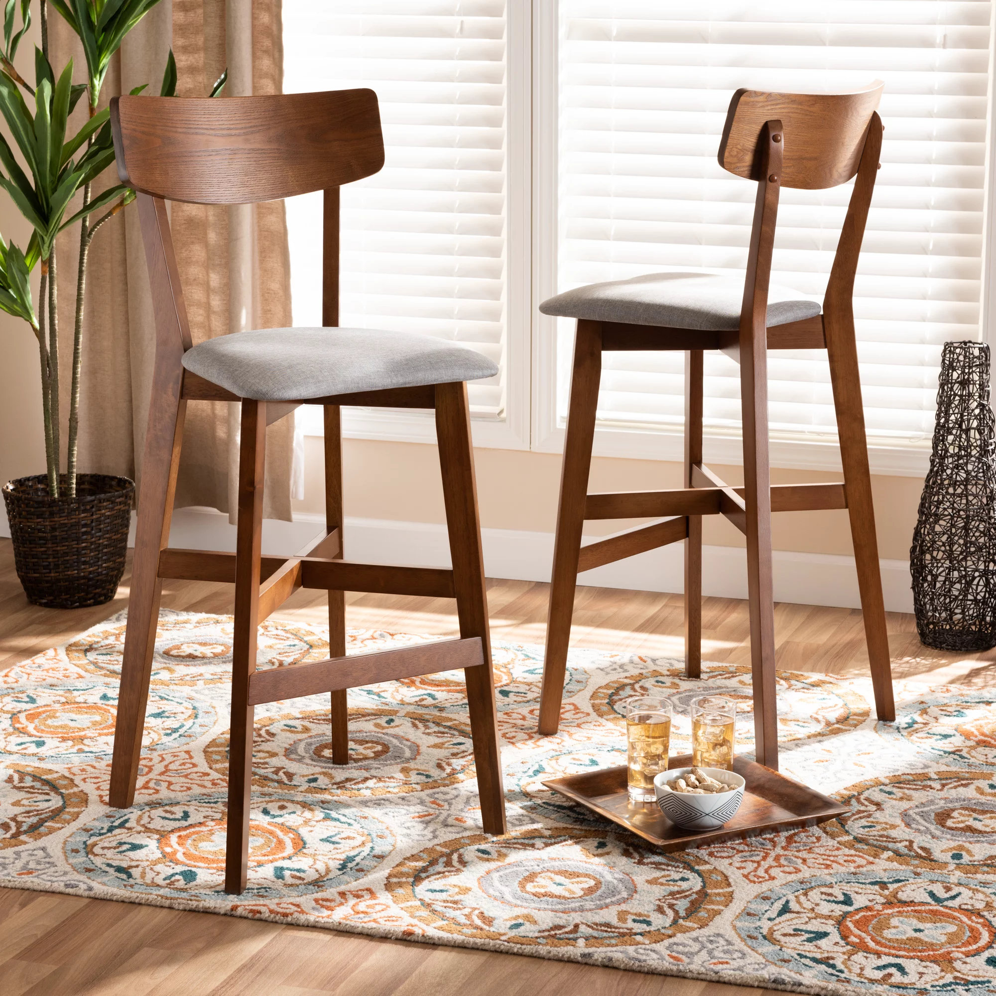 Set of 2 Bar Stool, Wood Frame With Padded Seat & Curved Open Back ...