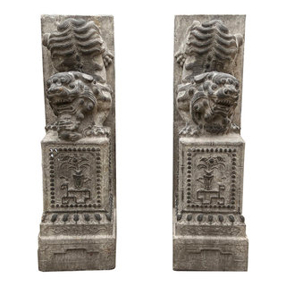 Chinese Pair Gray Stone Fengshui Foo Dogs Lions Door Block Statue ...