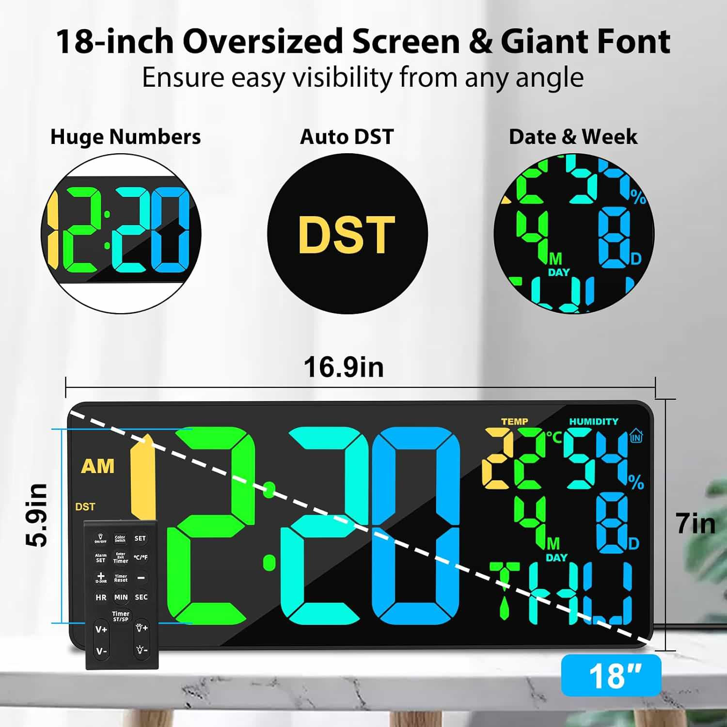 [Oversized] 18" Digital Wall Clock Large Display, 11 RGB Color - Modern ...
