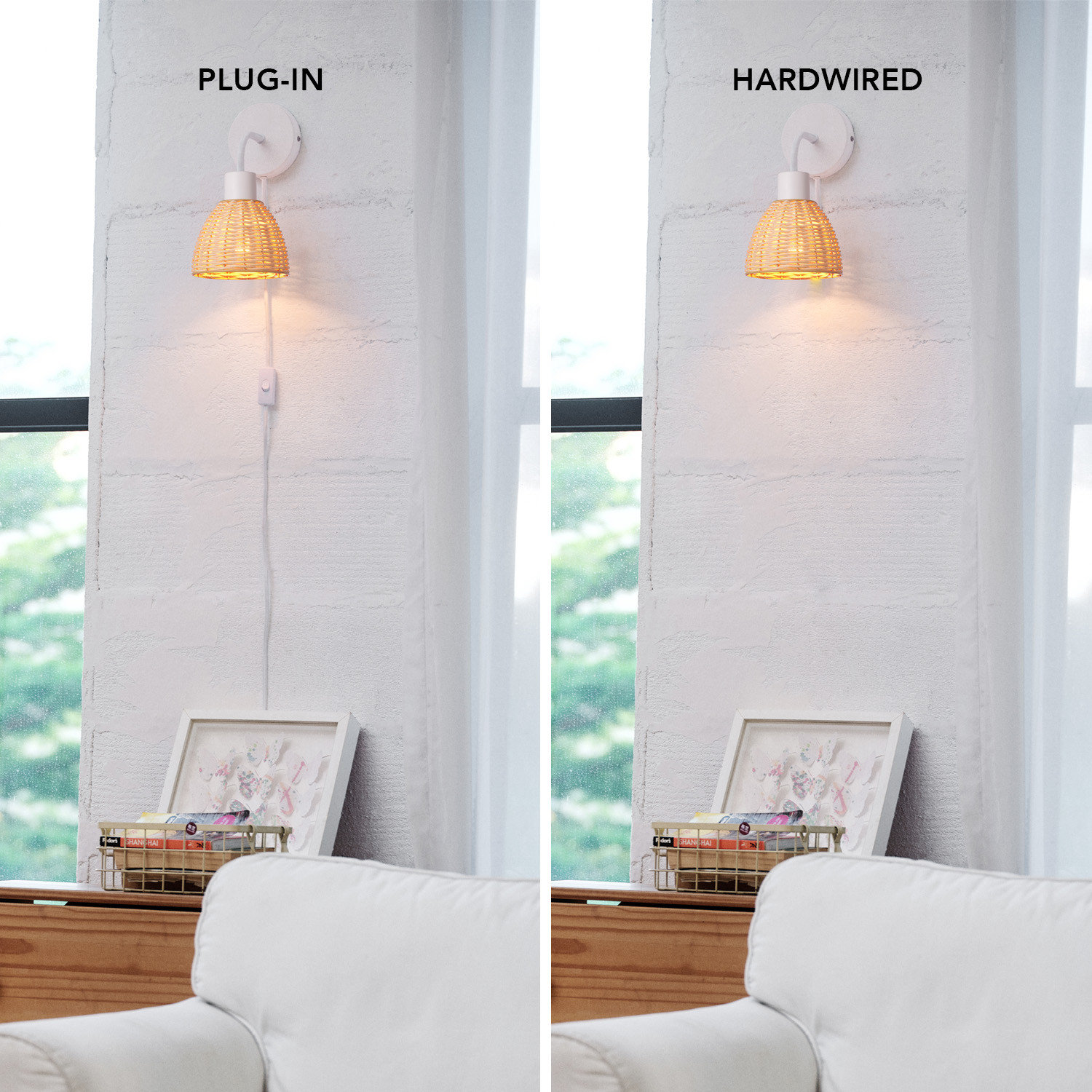 Briar 1-Light Matte White Plug-In or Hardwire Wall Sconce with Rattan ...