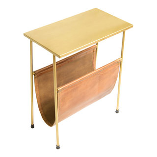 Brass Finish Side Table, Leather Magazine Holder - Contemporary - Side ...