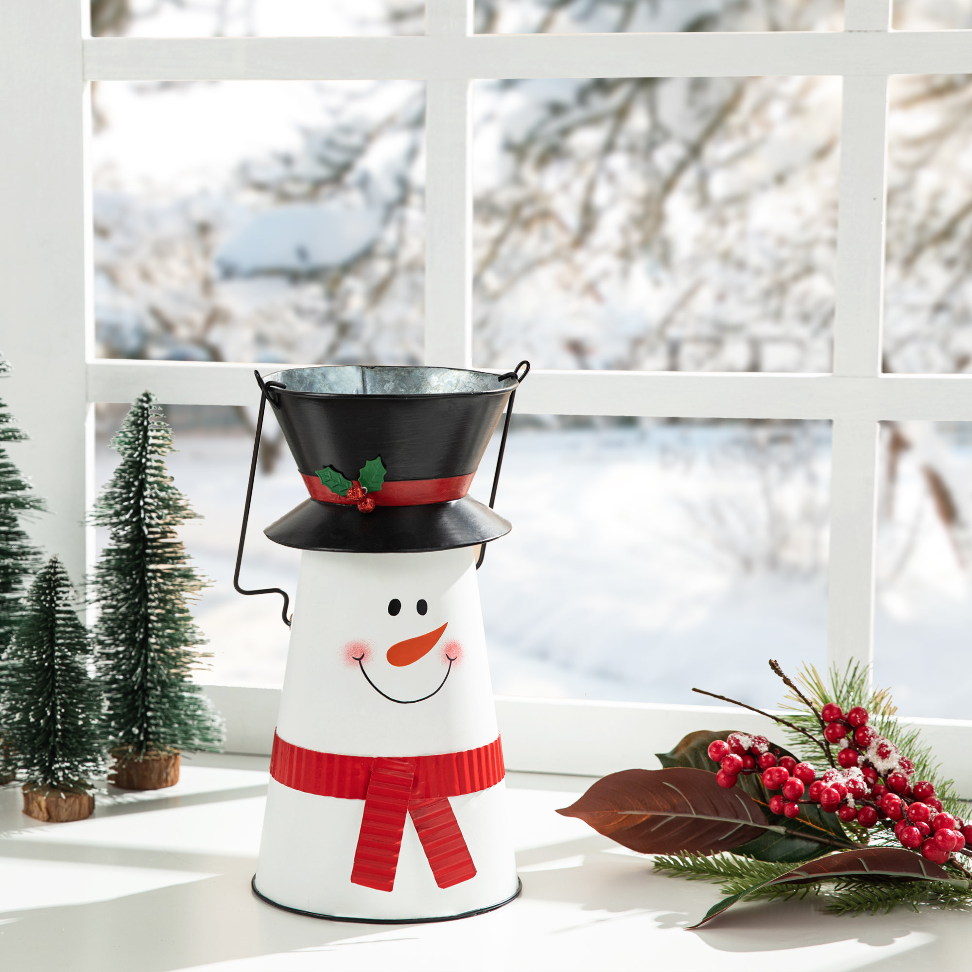 19.50"H Metal Snowman Decorative Bucket - Traditional - Holiday Accents ...