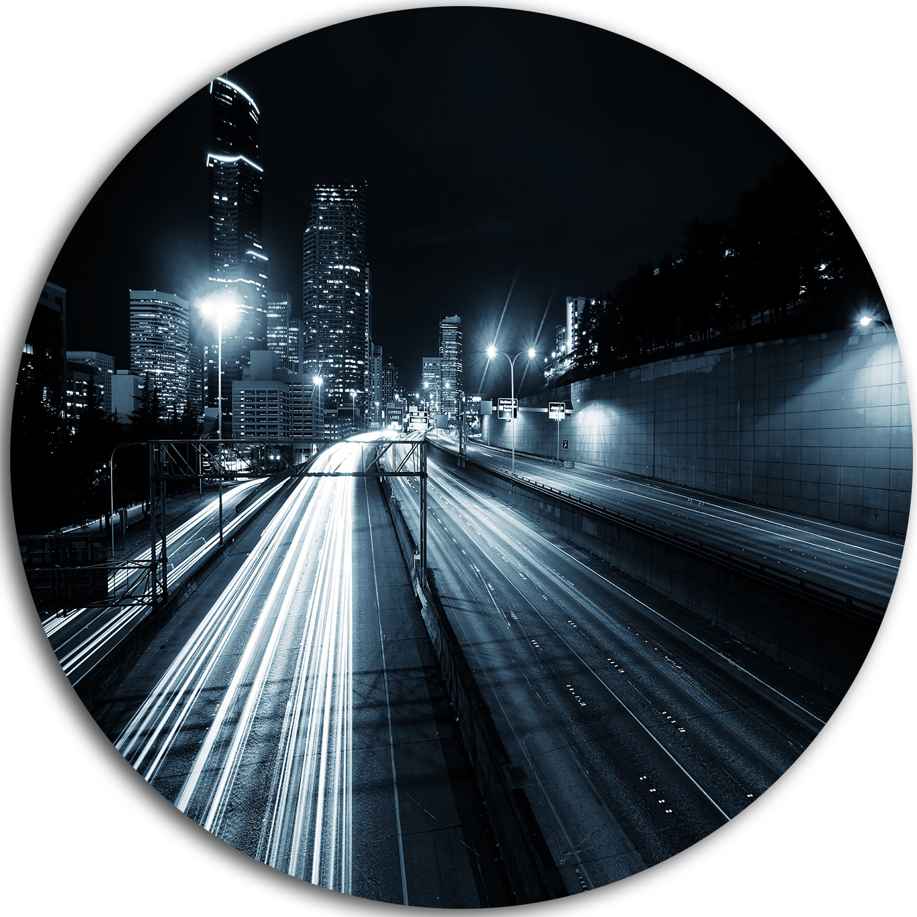 Illuminated Traffic Trail In Downtown Seattle, Disc Metal Wall Art ...