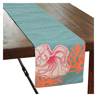 Applique Octopus With Print Coral Coastal Table Runner, 13.5"x72 ...