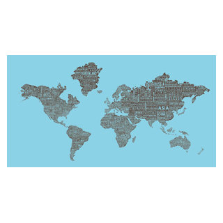 1-World Text Map Wall Decal - Brown on Blu, 107" x 57" - Modern - Wall ...