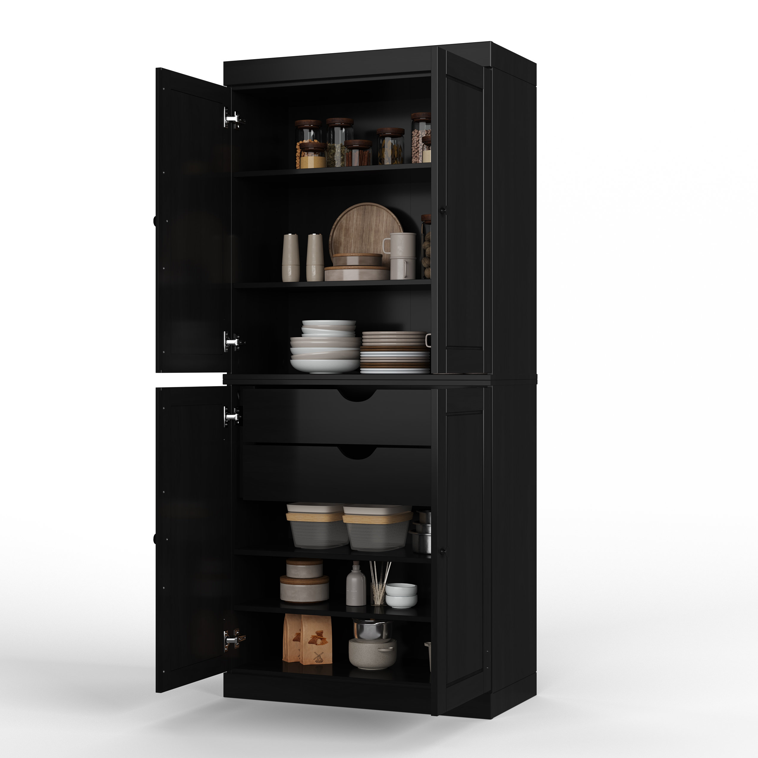 100% Solid Wood 32" Kitchen Pantry with Solid Doors, 2-Drawers ...