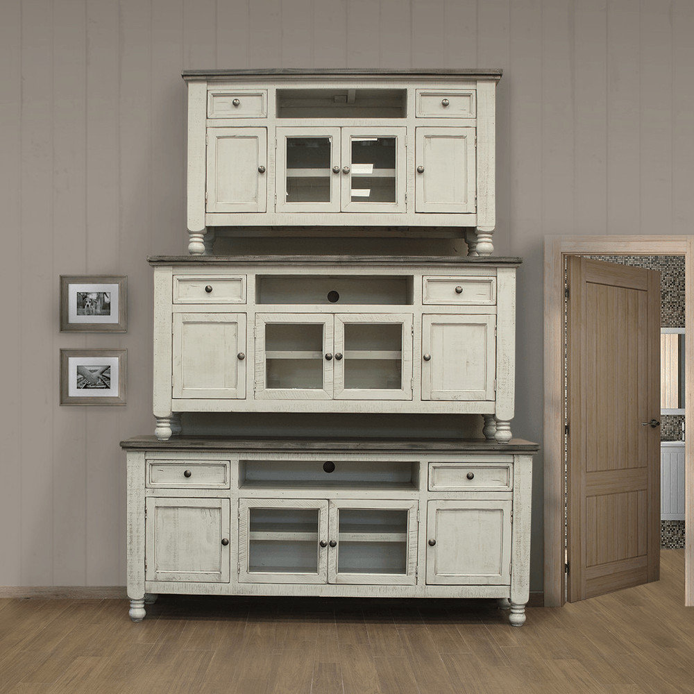 60" Ivory Solid Wood Open shelving Distressed TV Stand - French Country ...