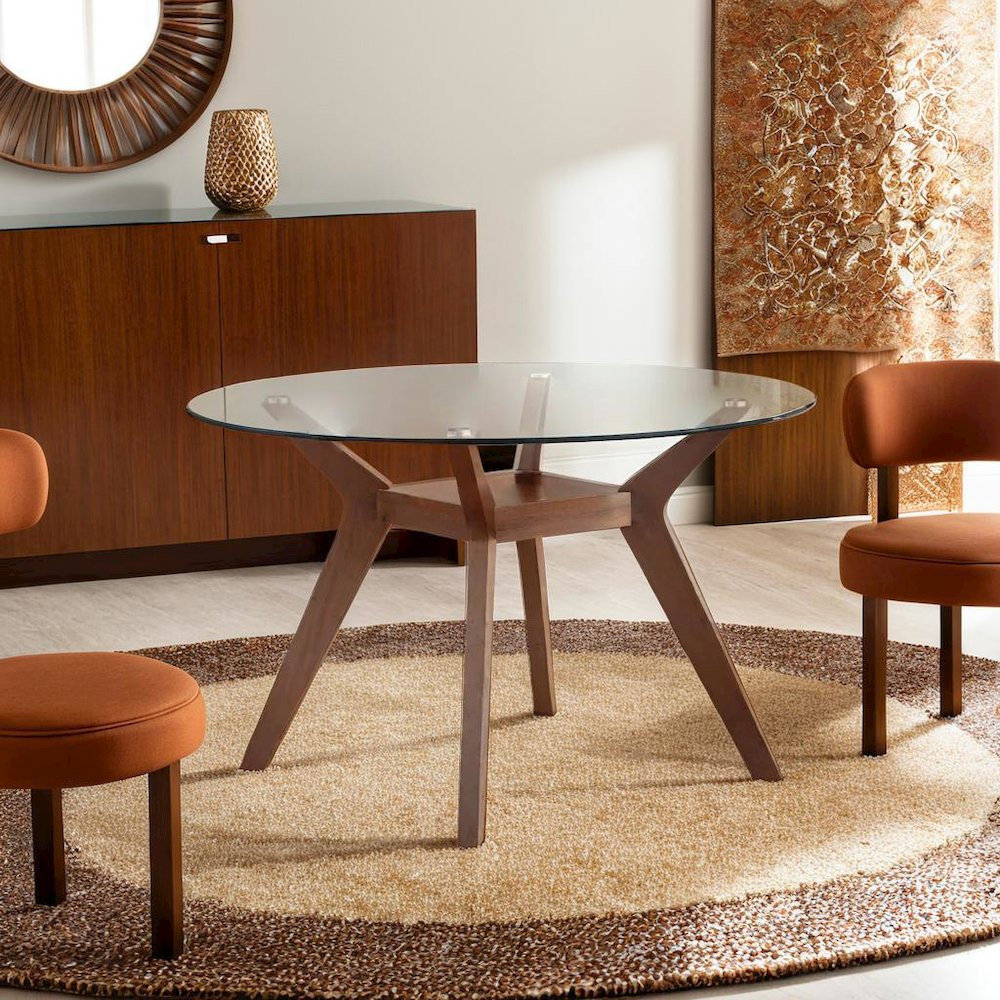 Sophisticated Round Dining Table with Clear Glass Top and Nutmeg Wood ...