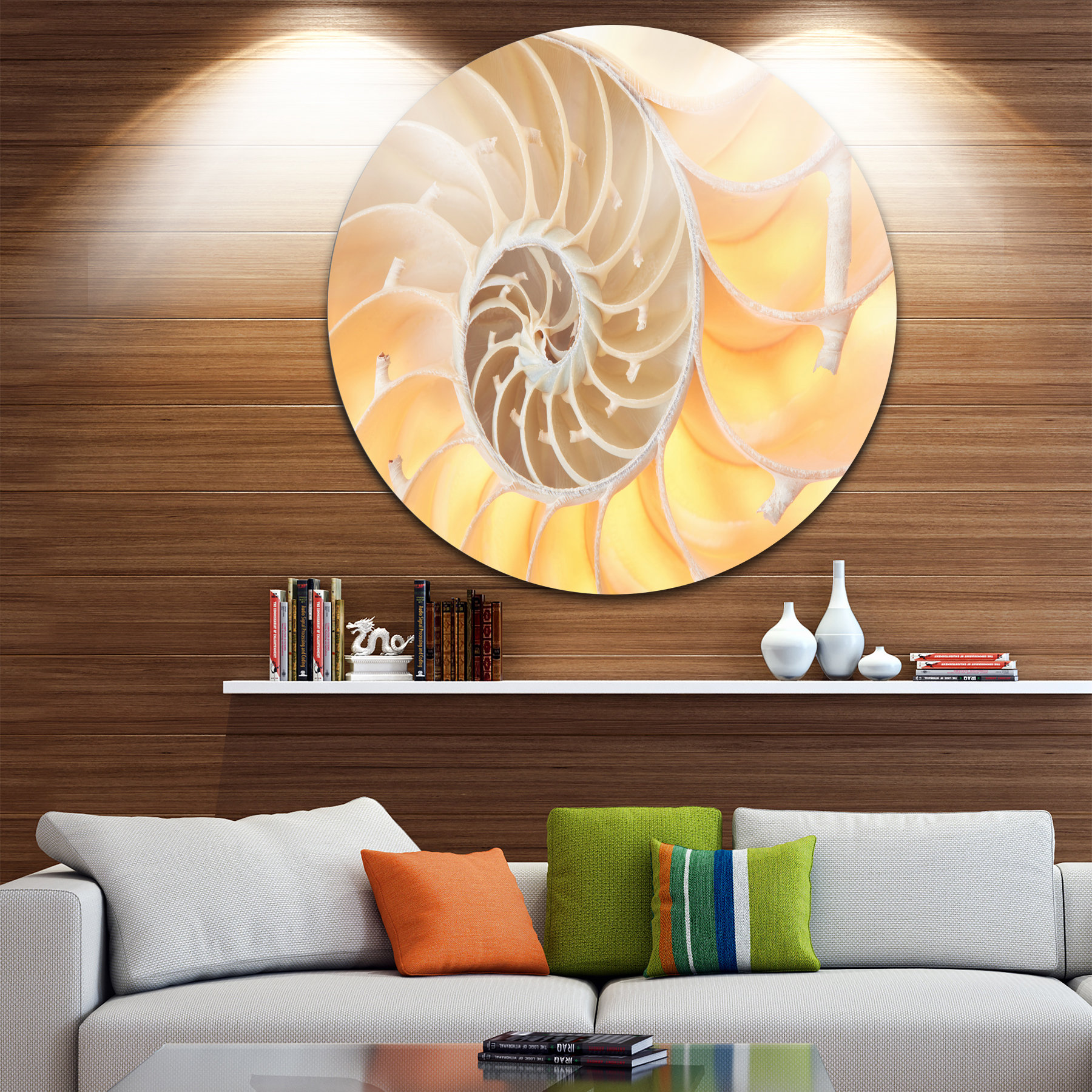 Golden Nautilus Shell Pattern, Abstract Art Round Metal Wall Art, Disc ...