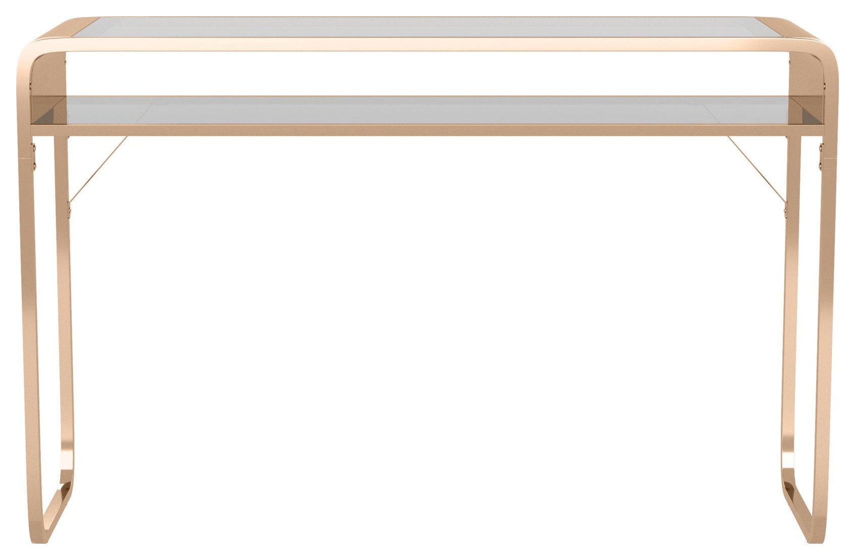 Gold U-Shaped Console Table with Glass Top, Center Shelf, and Rounded ...