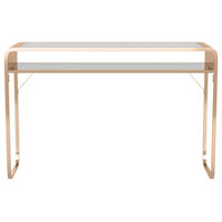 Gold U-Shaped Console Table with Glass Top, Center Shelf, and Rounded ...